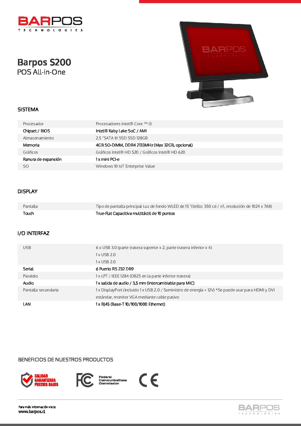 Barpos all in one S200 Core i3 CPU Fanless/128G SSD/4G RAM/15" capacitive flat touch screen ...